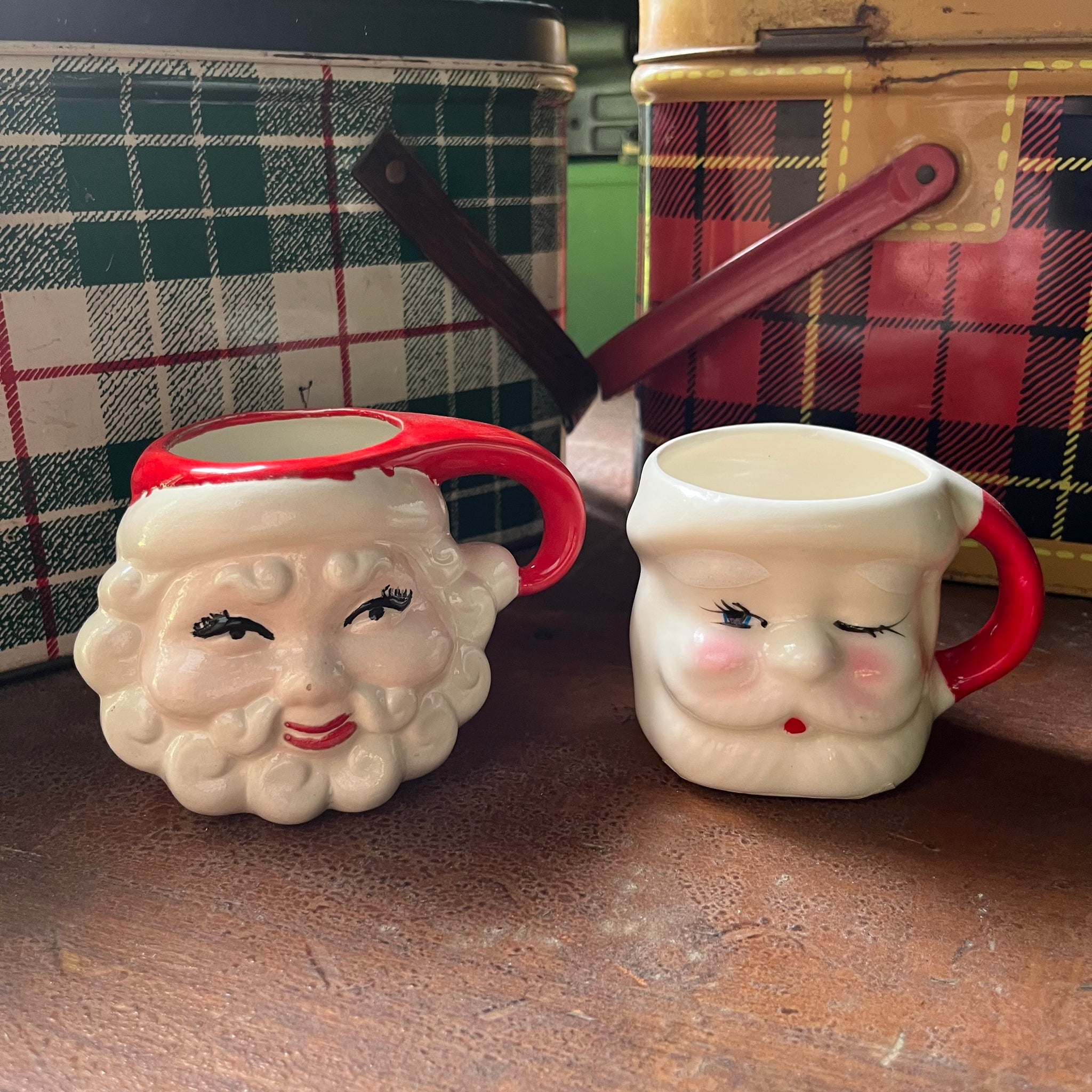 Pair of Vintage Ceramic Santa Mugs - Winking Santa - Log Cabin Vintage