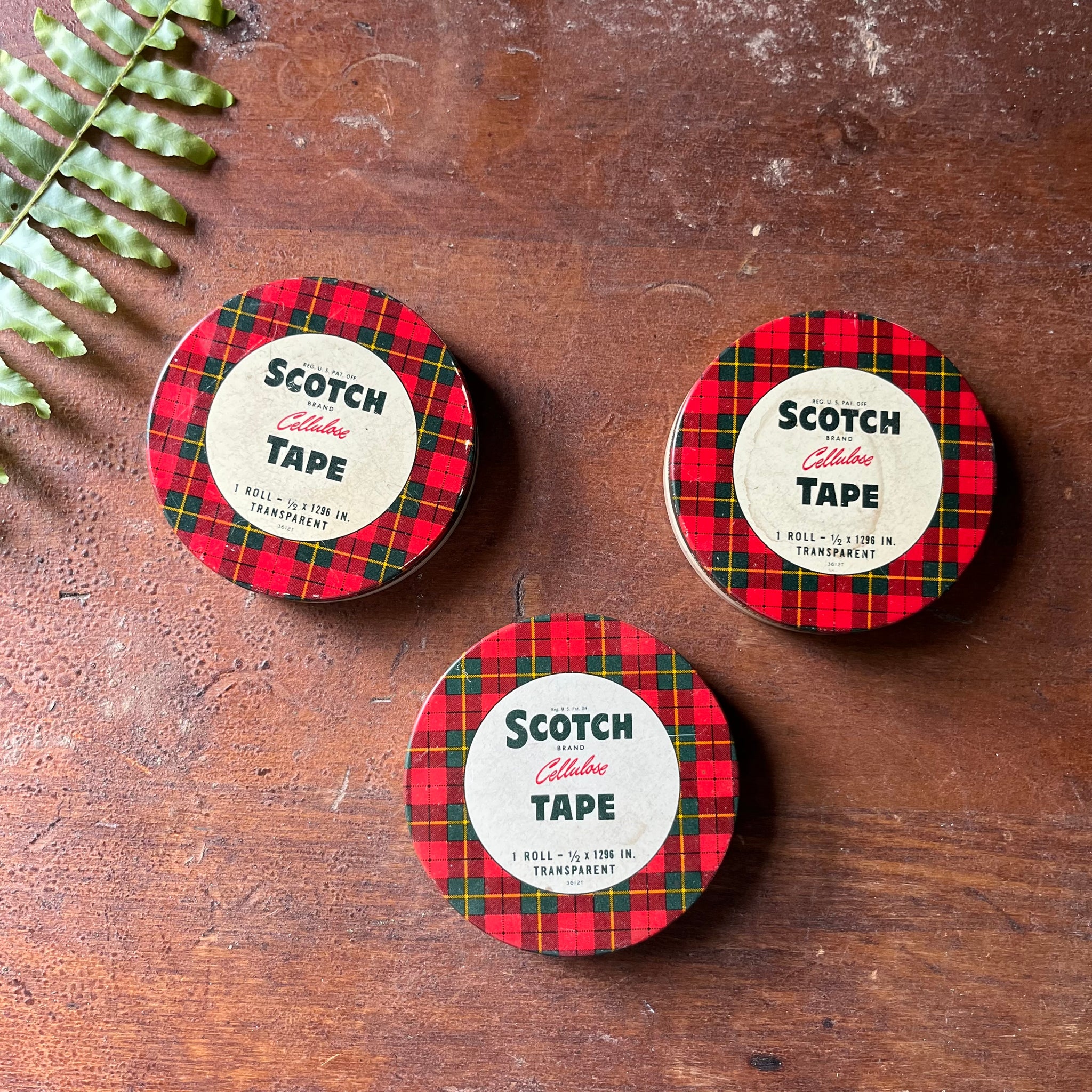 Trio of Vintage Plaid Scotch Brand Cellulose Tape Tins - Log Cabin Vintage